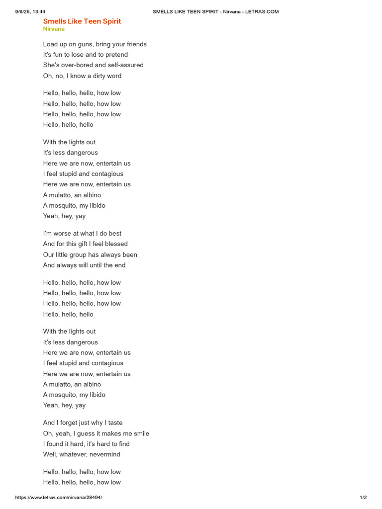 Nirvana's "Smells Like Teen Spirit" Lyrics | PDF