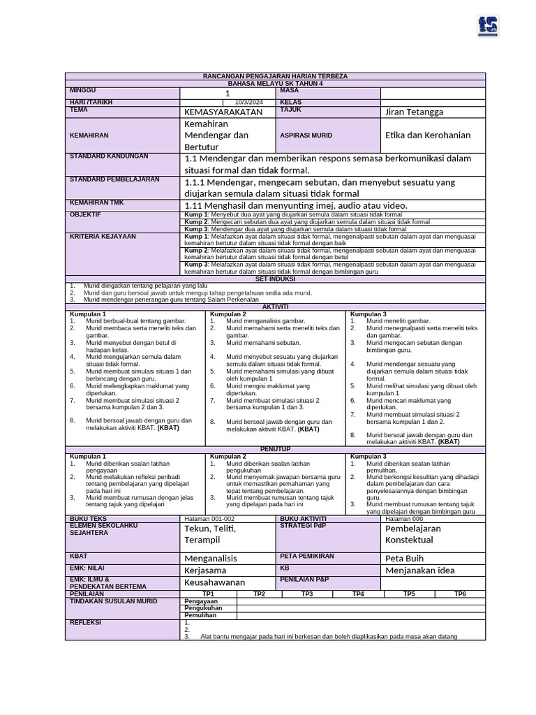 RPH Terbeza Minggu 1 BM SK Tahun 4 by Cikgu Gorgeous | PDF