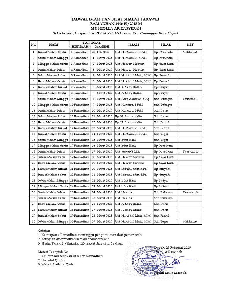 Jadwal Imam Tarawih 1446 H Ok | PDF