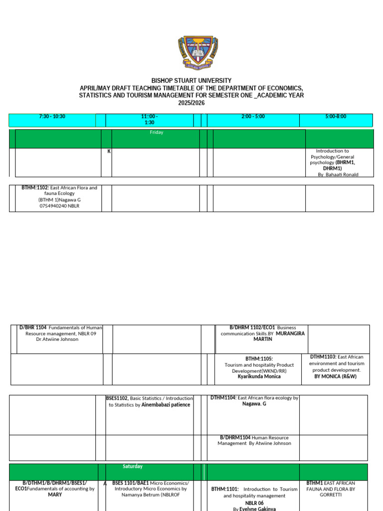 Apirl-May Intake Teaching Time Table 2025 2026 Semester One Year One ...