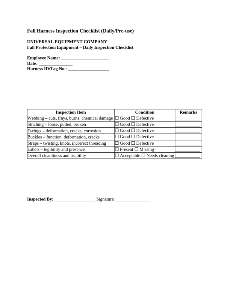 Fall Harness Inspection Checklist | PDF