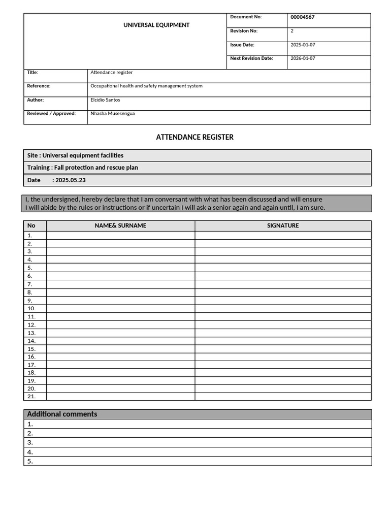 Attendance Register Fall Protection and Rescue Plan. | PDF