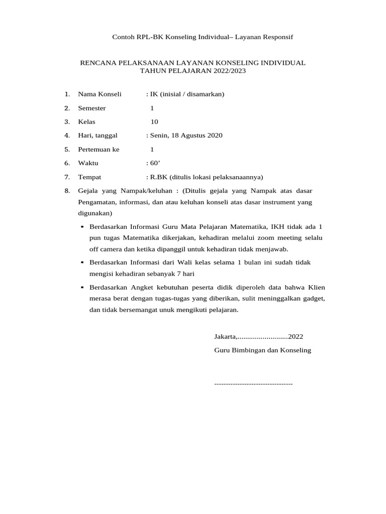 RPL Konseling Individual Kelas 10 | PDF
