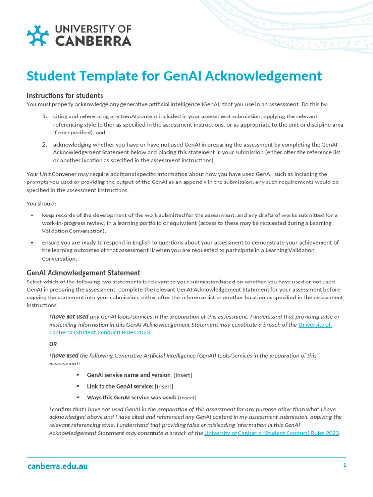 Student Template For GenAI Acknowledgement | PDF | Artificial ...