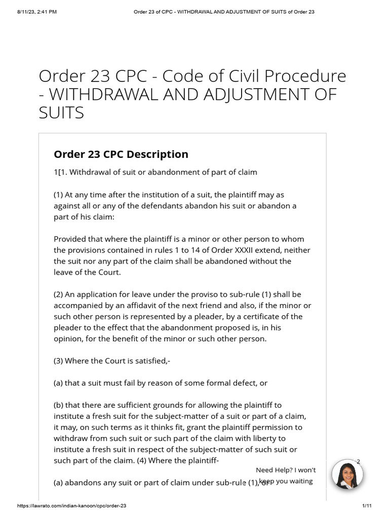 Order 23 of CPC - Withdrawal and Adjustment of Suits | PDF | Lawsuit | Lawyer