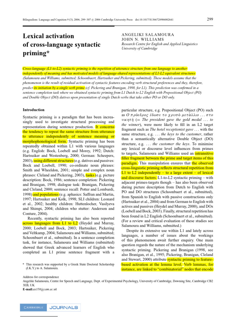 Week 15 - Bilingual Syntactic Priming | PDF | Verb | English Language