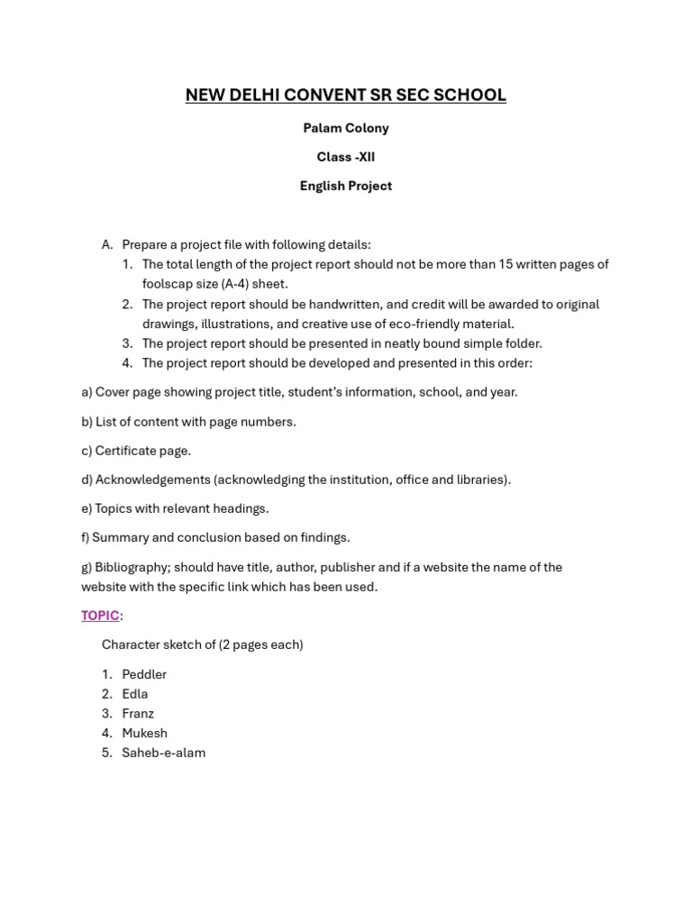 Class XII English Project Guidelines | PDF