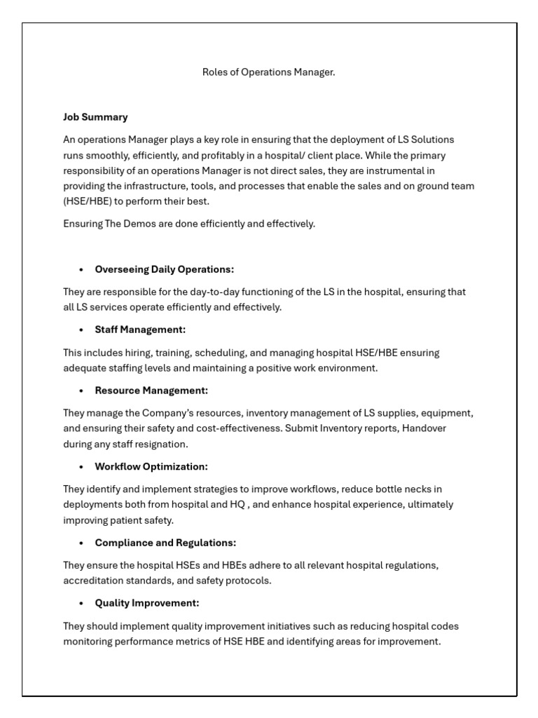 Roles of Operations Manager | PDF | Hospital | Safety