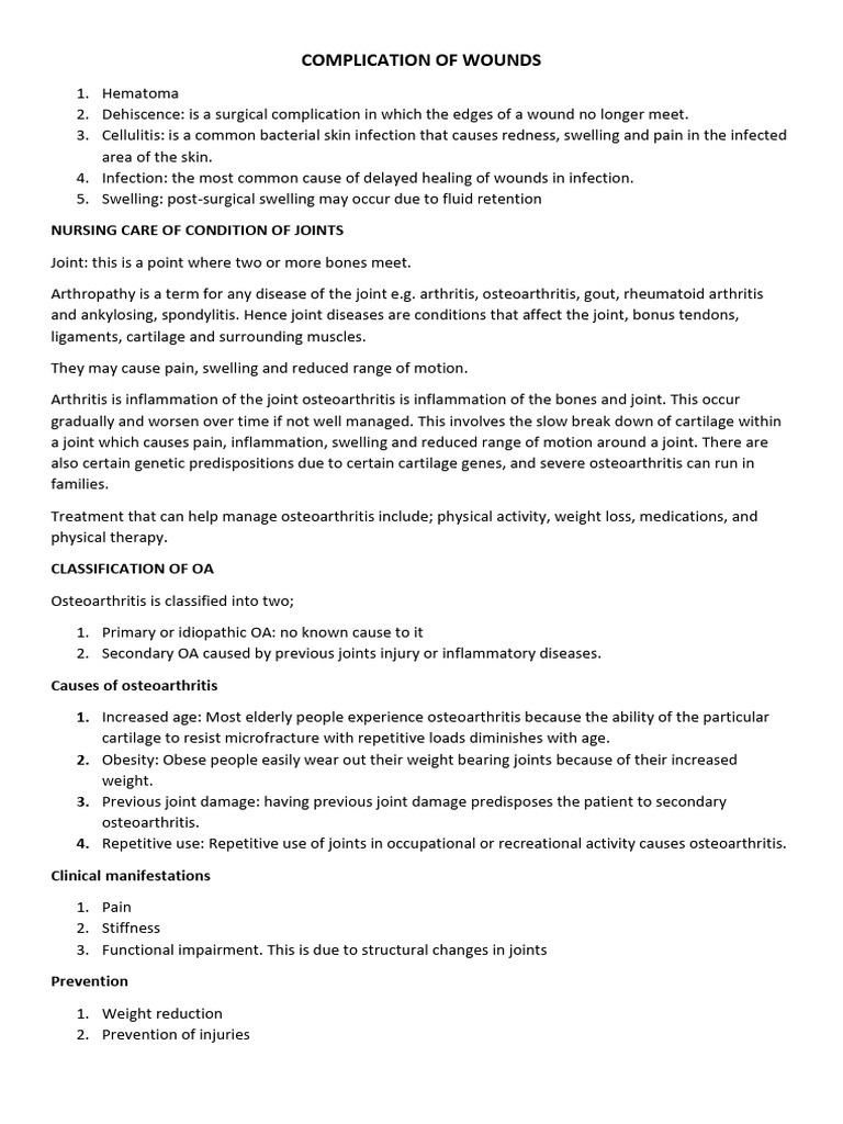 COMPLICATION OF WOUNDS (MR Sam Notes) | PDF | Arthritis | Joint