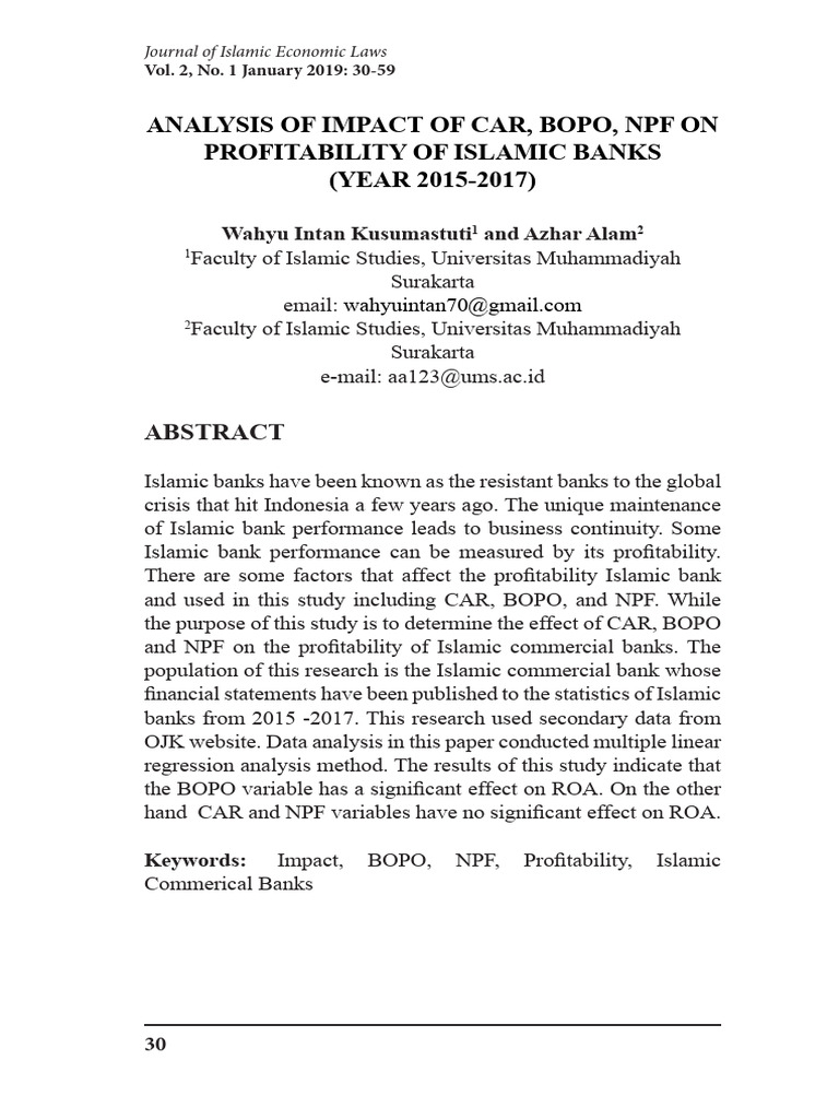 Impact of CAR, BOPO, NPF on Islamic Banks | PDF | Banks | Regression ...