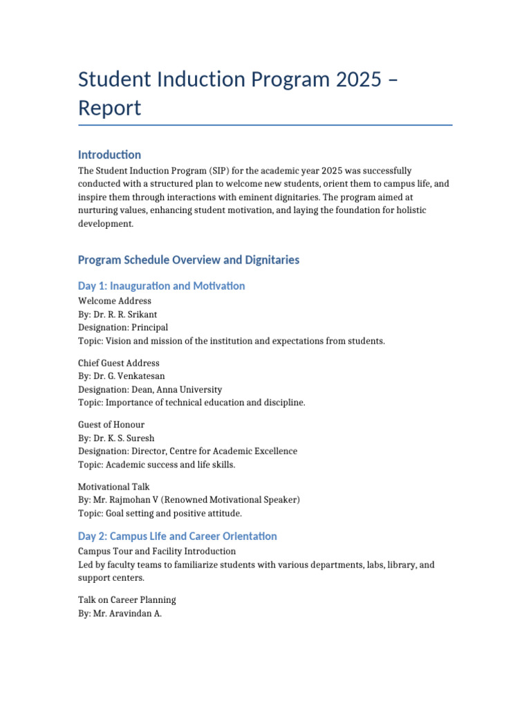 Student Induction Program 2025 Report | PDF | Behavior Modification ...