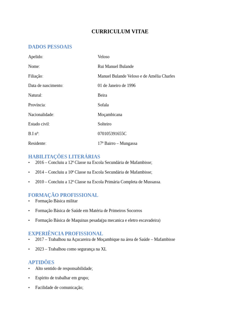 Curriculum Rui Manuel Bulande | PDF