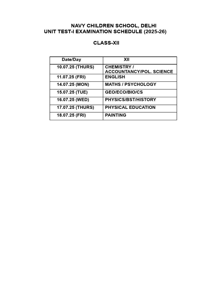 Date Sheet - Class 12 - UT1 (2025-26) | PDF