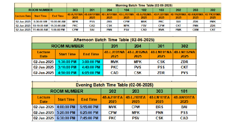 Morning & Evening Batch Time Table (02!06!2025) | PDF
