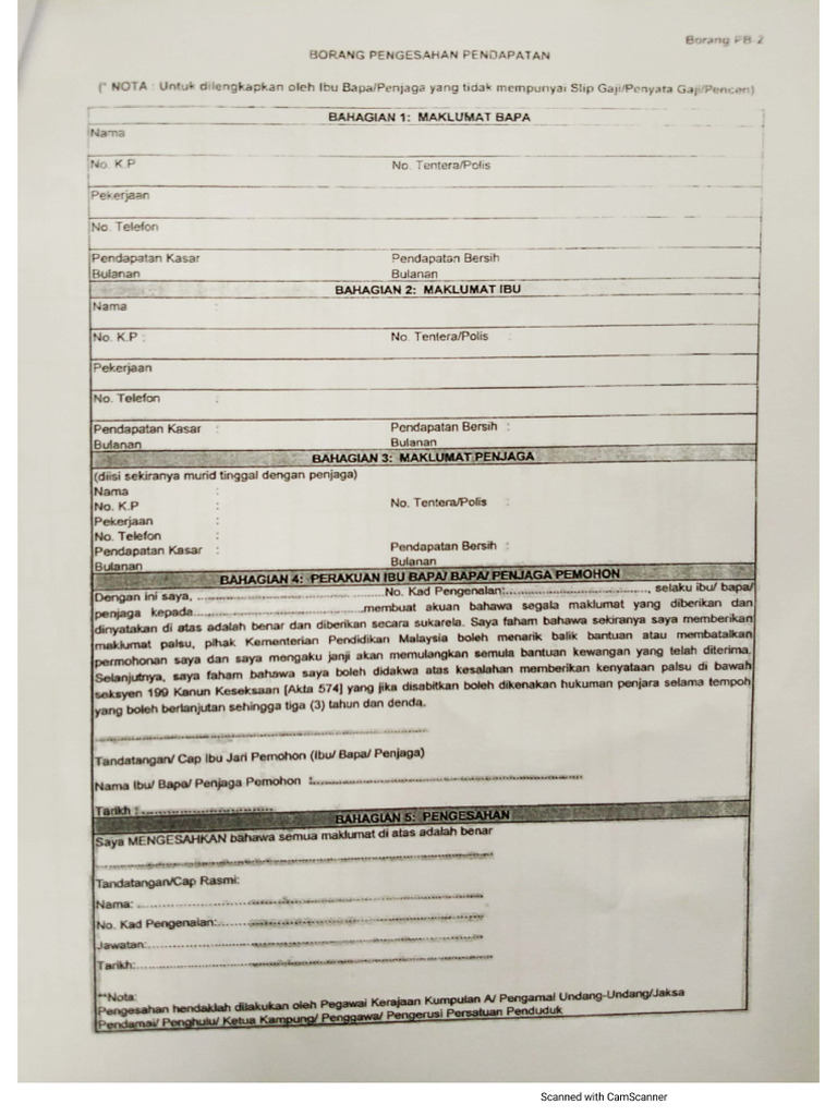 Borang Pb2 Borang Pengesahan Pendapatan Jika Ibu Bapa Tiada Pay Slip 1 | PDF