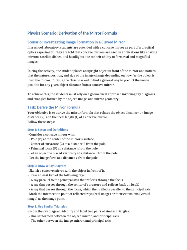 Derivation of Mirror Formula Scenario | PDF | Line (Geometry) | Mirror