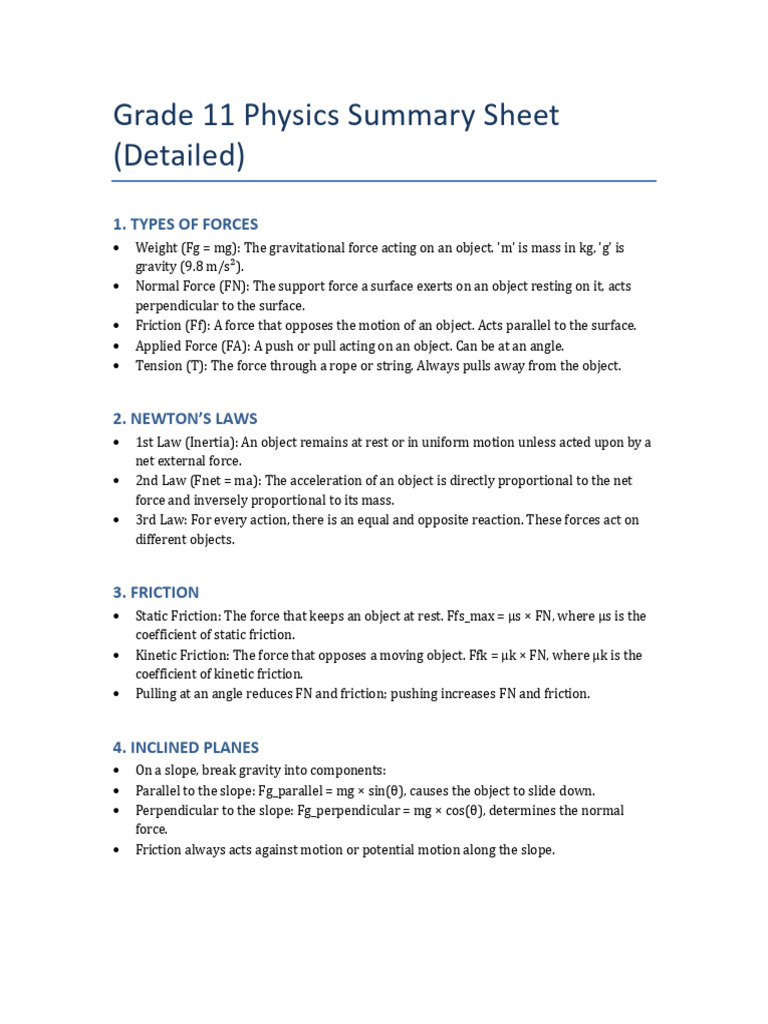 Grade 11 Physics Forces and Laws Summary | PDF | Force | Friction