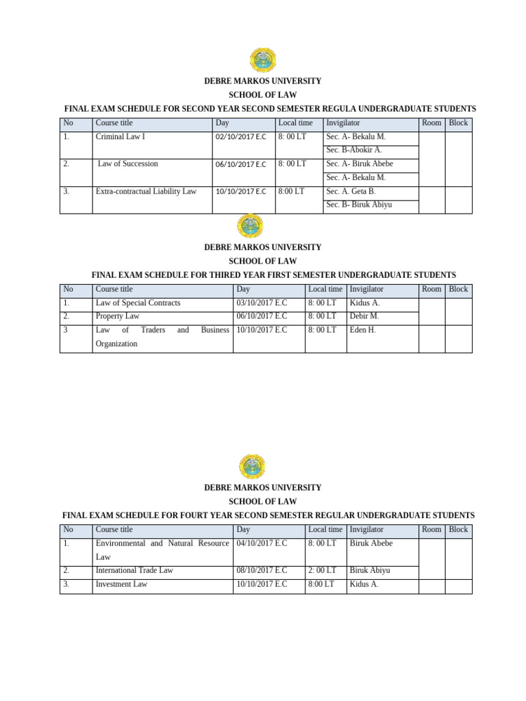 Debre Markos Law Exam Schedule 2017 | PDF