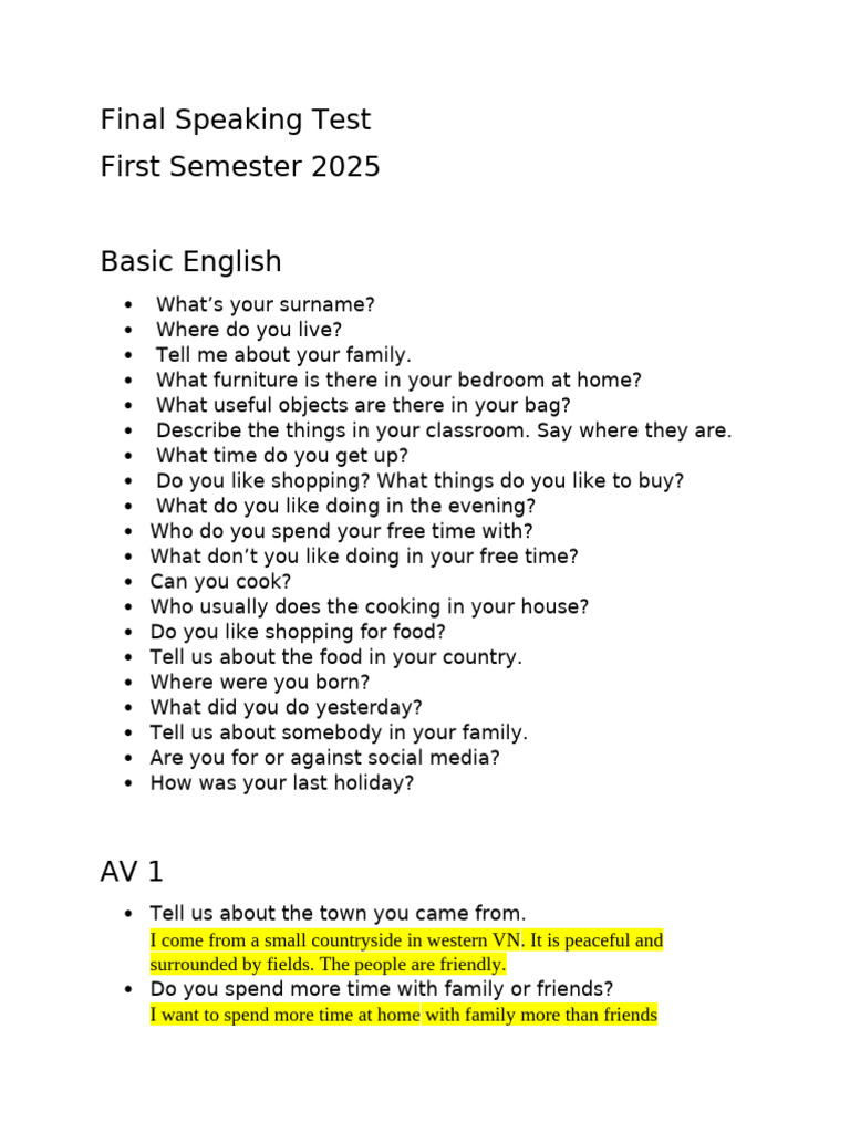 Final Speaking Test 2025 | PDF