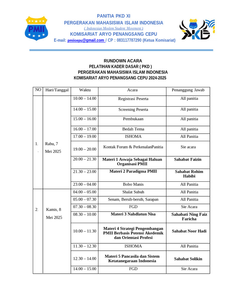 Rundown Pelatihan Kader PMII 2025 | PDF