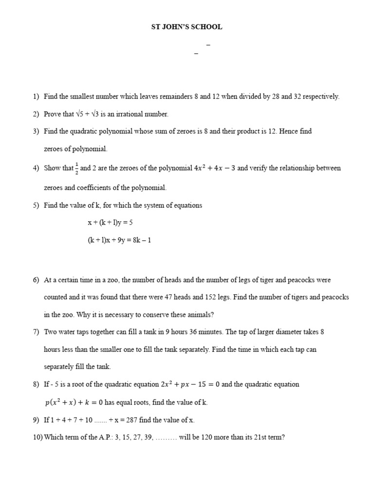 Math Class X HHW Worksheet | PDF