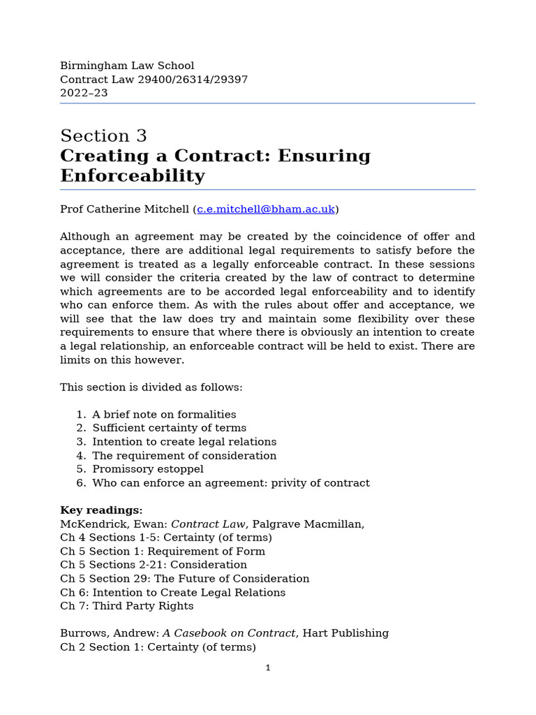 Section 3 - Creating A Contract - Ensuring Enforceability | PDF | Consideration | Estoppel