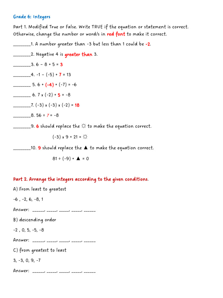 Grade 6 Integers | PDF