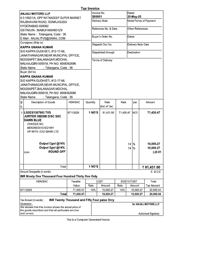 Kappa Gnana Kumar Invoice | PDF