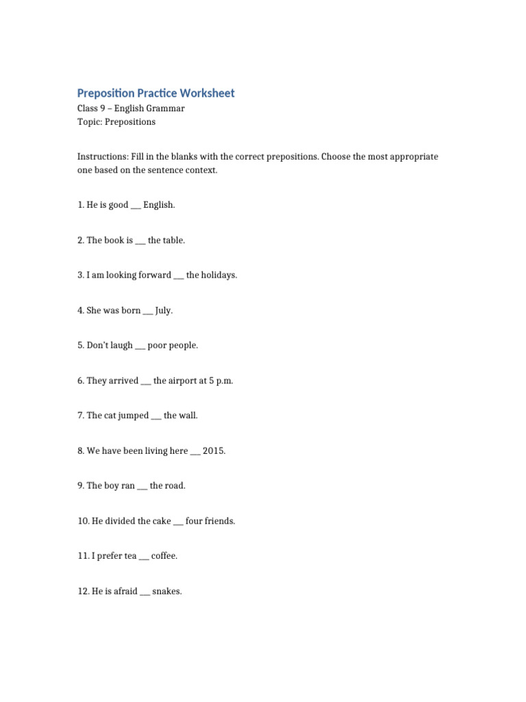 Class 9 Preposition Practice Worksheet | PDF