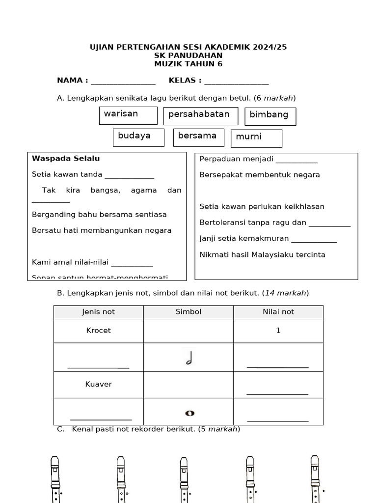 Muzik Tahun 6 UPSA 202425 | PDF