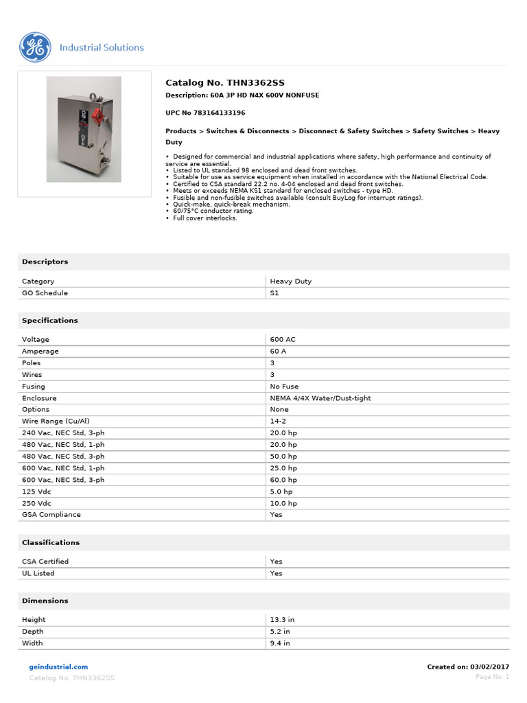 60A 3P N4X Safety Switch Specs | PDF | Fuse (Electrical) | Alternating ...