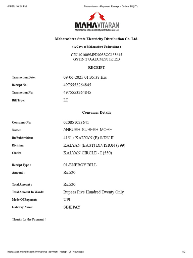Mahavitaran - Payment Receipt - Online Bill (LT) | PDF