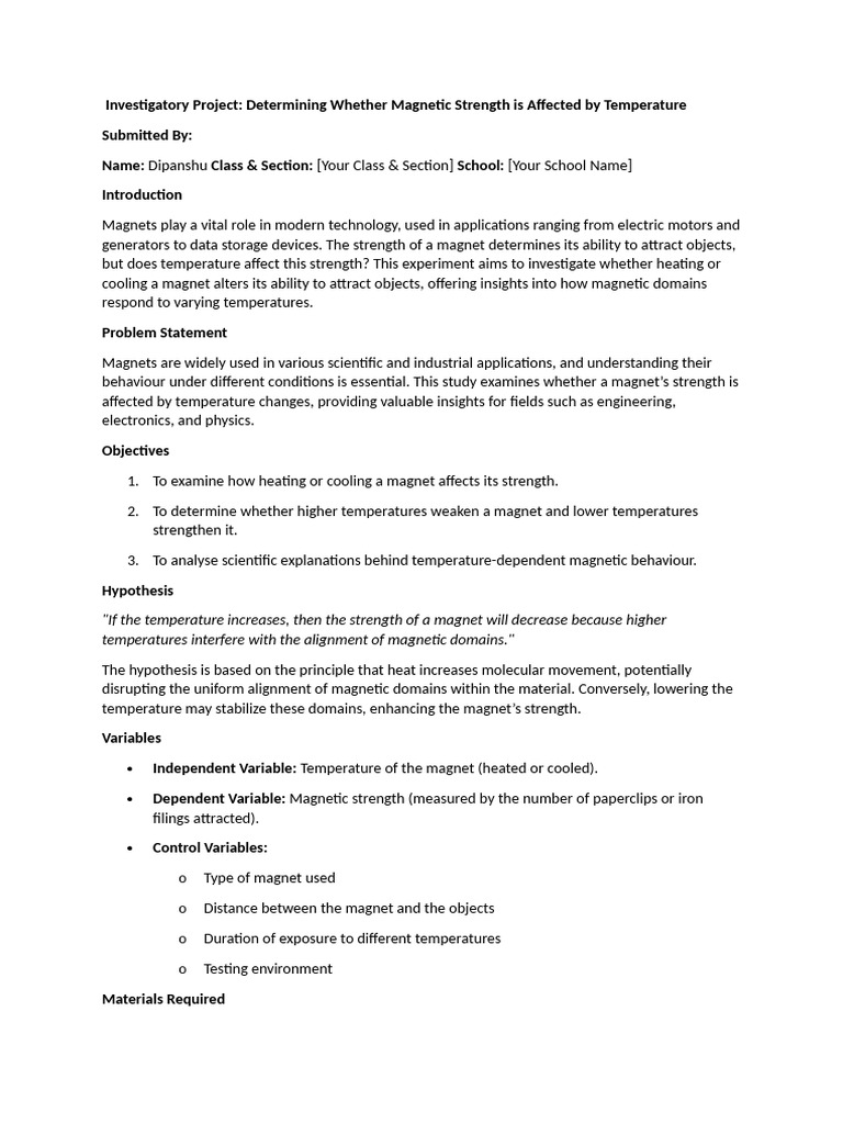 Investigatory Project Science | PDF | Magnetism | Magnet