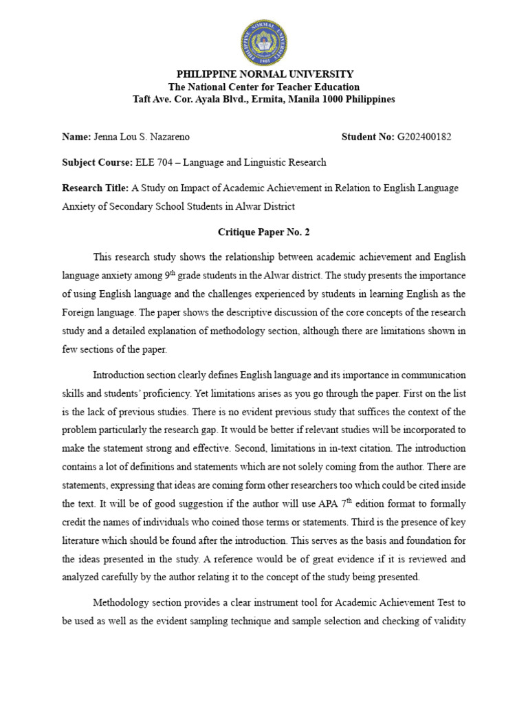 NAZARENO - Critique Paper 2 | PDF | English Language | Data Analysis