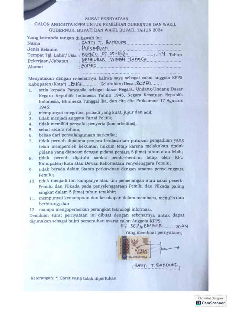 Surat Pernyataan Santi | PDF