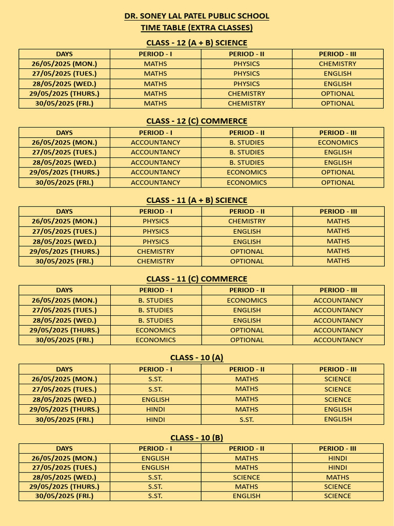 Time Table Extra Classes | PDF