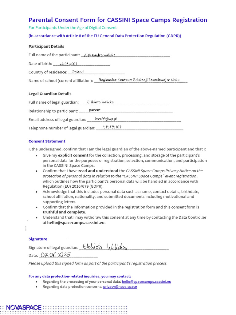 Parental Consent Form - CASSINI Space Camps - Registration - Template | PDF