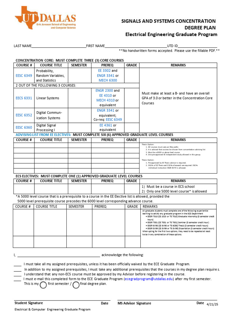 UTD Electrical Engineering Degree Plan | PDF | Course Credit | Thesis