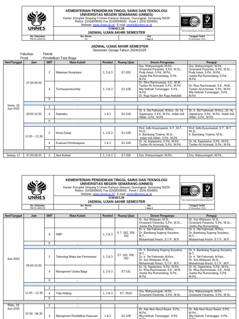 Jadwal UAS Boga 2025 Genap | PDF