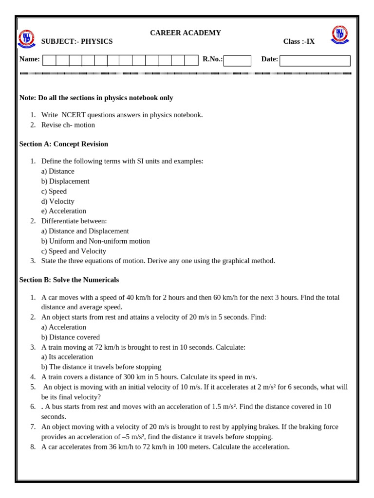 Holidays Homework Physics Class-Ix | PDF