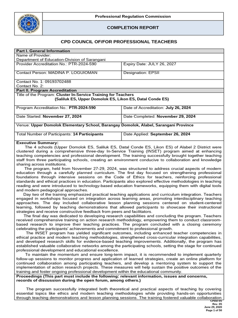 INSET COMPLETION REPORT Saliluk UpperDomolok DatalConde Likon | PDF ...