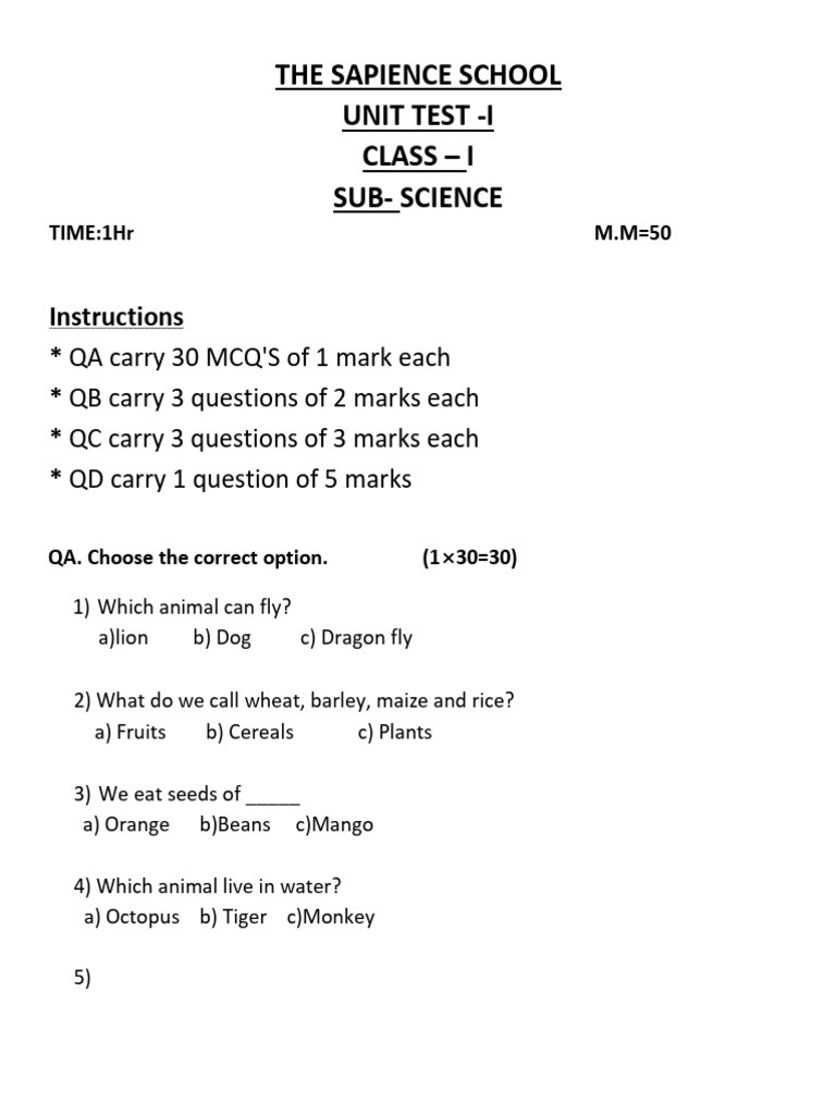 Class 1 Unit Test1 Science | PDF | Fruit | Plants