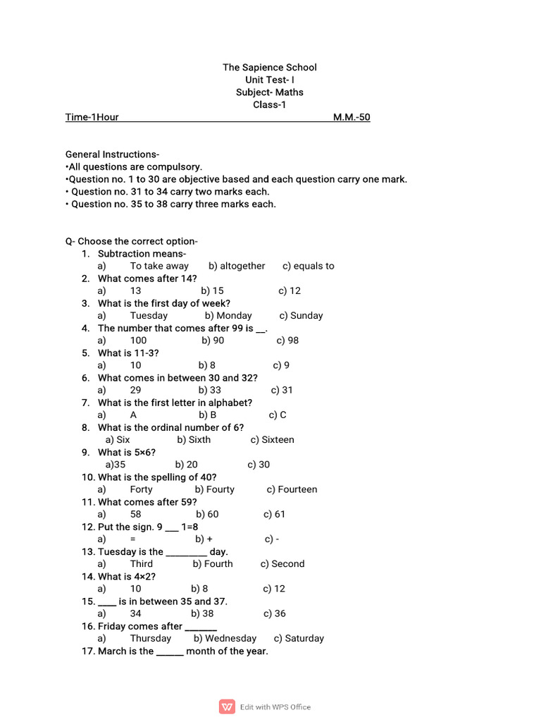 Class 1 Maths Unit Test Paper | PDF | Chess Theory | Chess