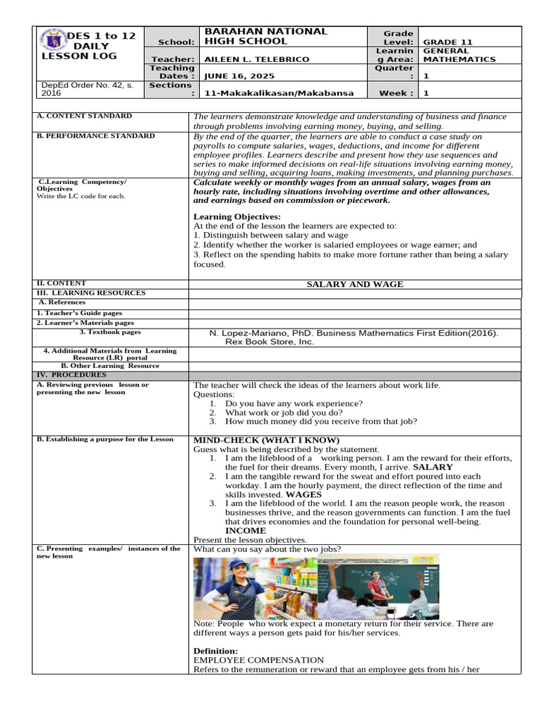 DLL-WEEK 1-GM Lesson 1 | PDF | Salary | Employment