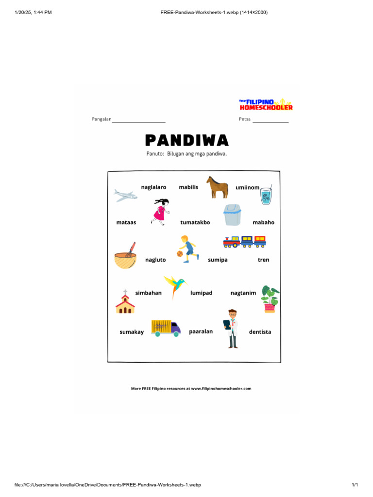 Pandiwa Worksheets for Grade 1 | PDF