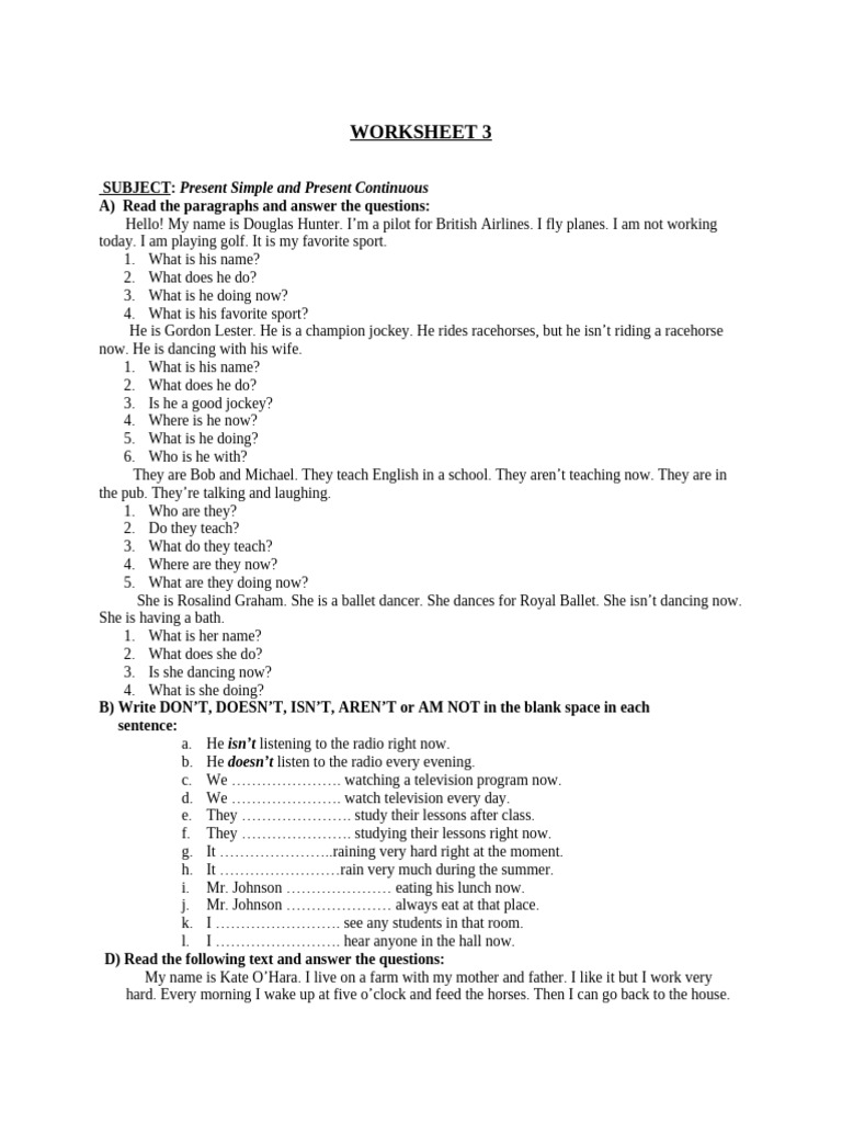 WORKSHEET 3 - Present Simple Vs Present Cont | PDF