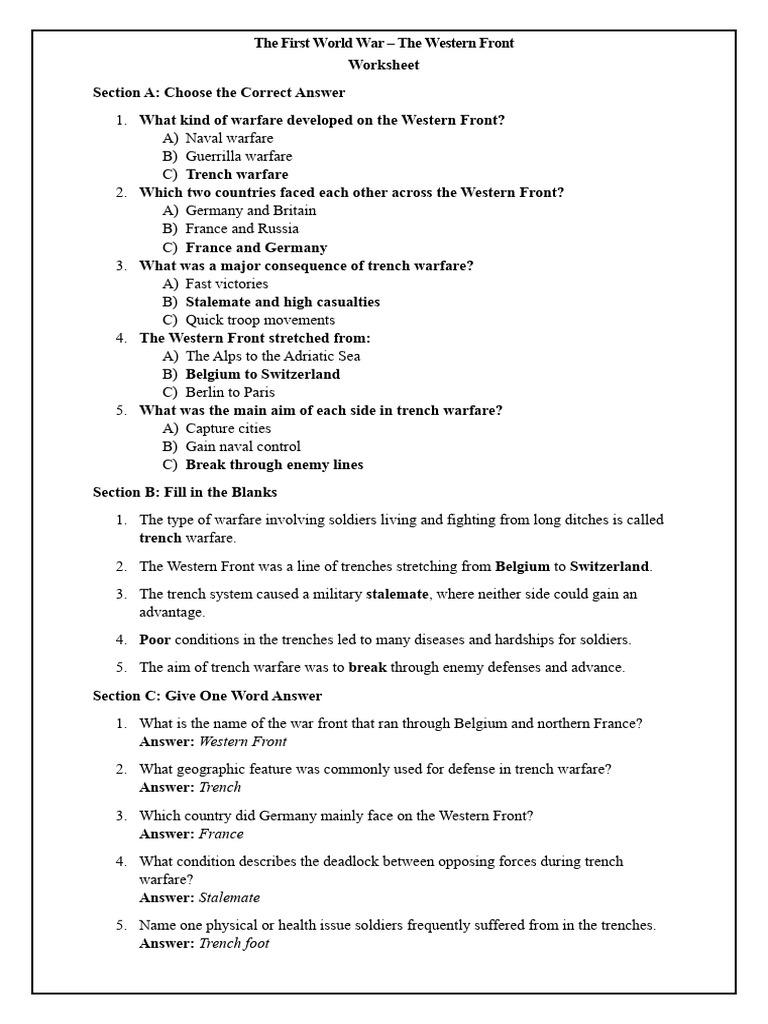 WW1 Trench Warfare Worksheet Answers | PDF