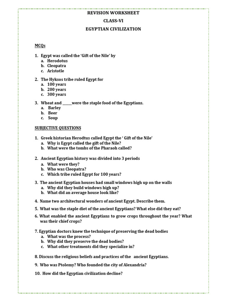 Egyptian Civilization Revision Worksheet | PDF