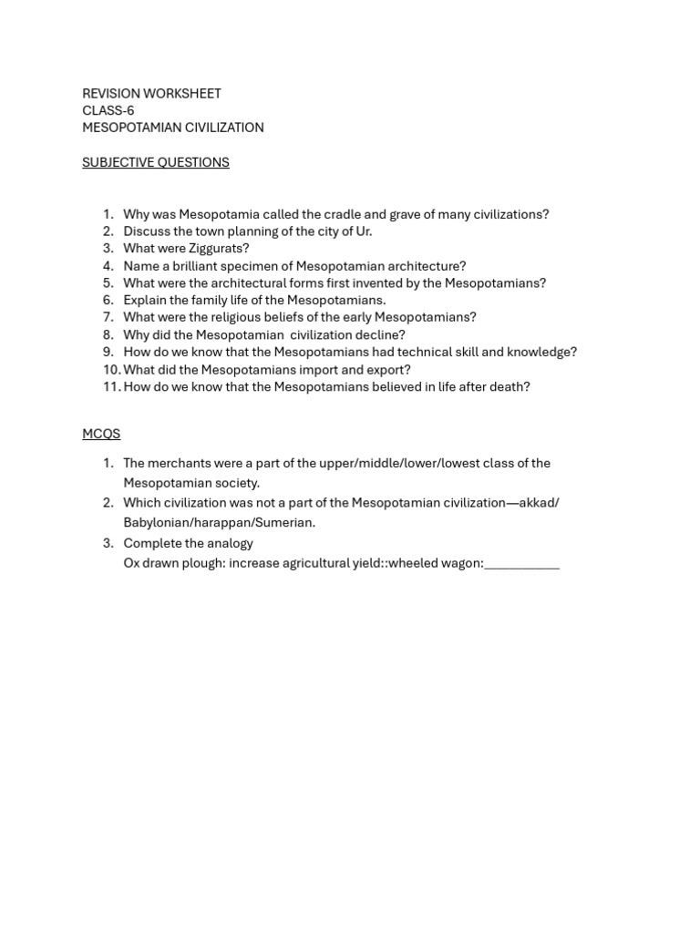 Class 6 Revision Worksheet Mesopotamian Civilization | PDF