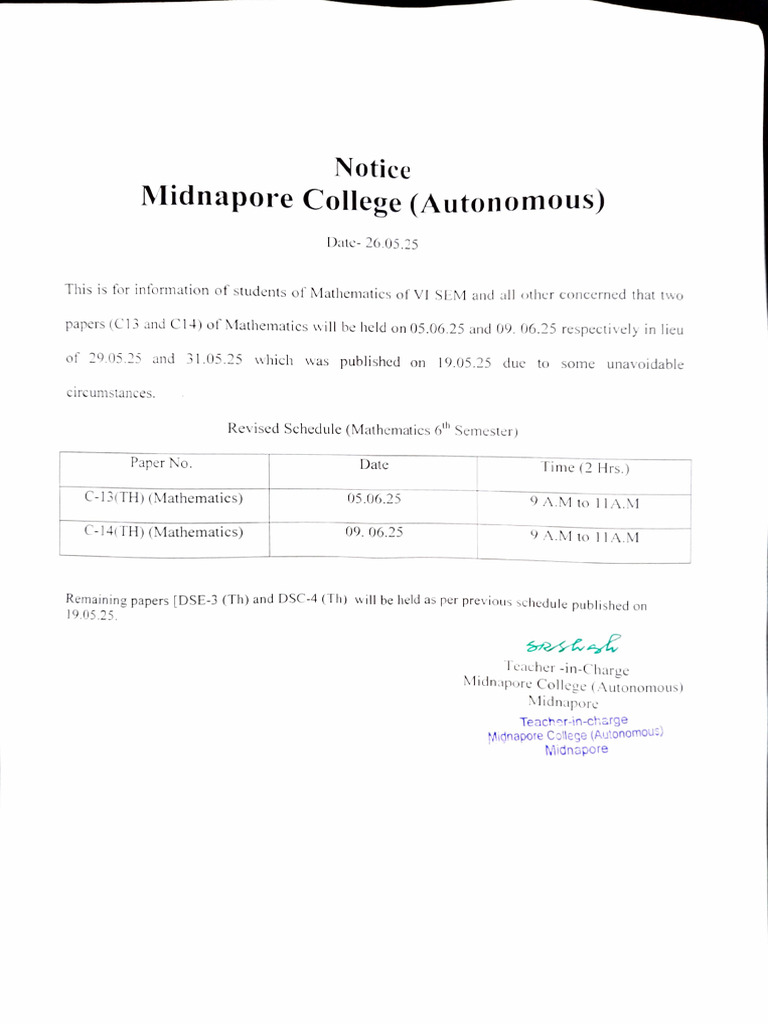 Revised Schedule Math 6th Sem | PDF